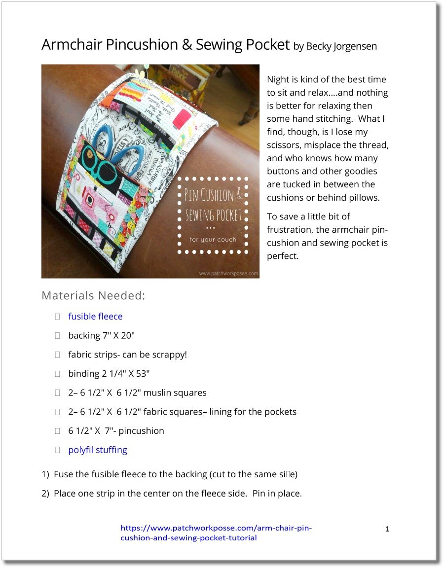 Arm Chair Pin Cushion and Sewing Pocket Tutorial - Patchwork Posse